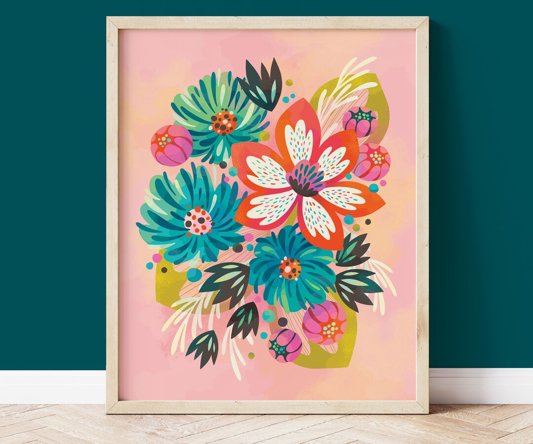 Bright Wall Decor, Art Print of Flowers, Colorful in Pink, Orange, Teal ...