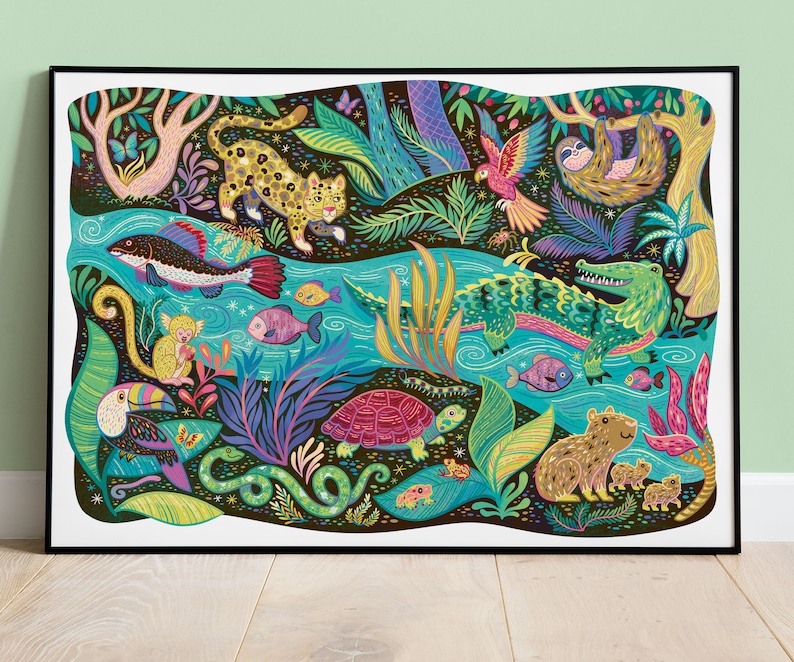 Colorful Kids Room Art, Amazon Rainforest Animals Print for Nursery ...