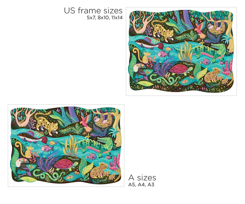 Colorful Kids Room Art, Amazon Rainforest Animals Print for Nursery ...