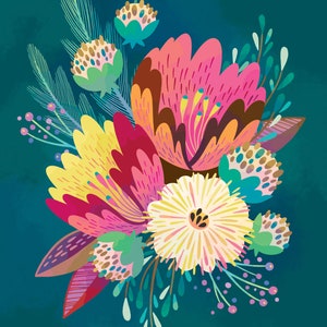 Teal Flower Art Print, Colorful Floral Poster With Pink, Yellow, Green ...