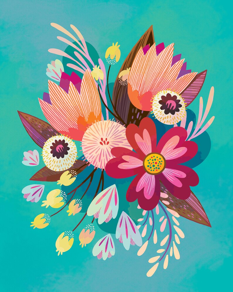 Printable Poster Turquoise Flower Art / Colorful Flowers Print / Floral ...