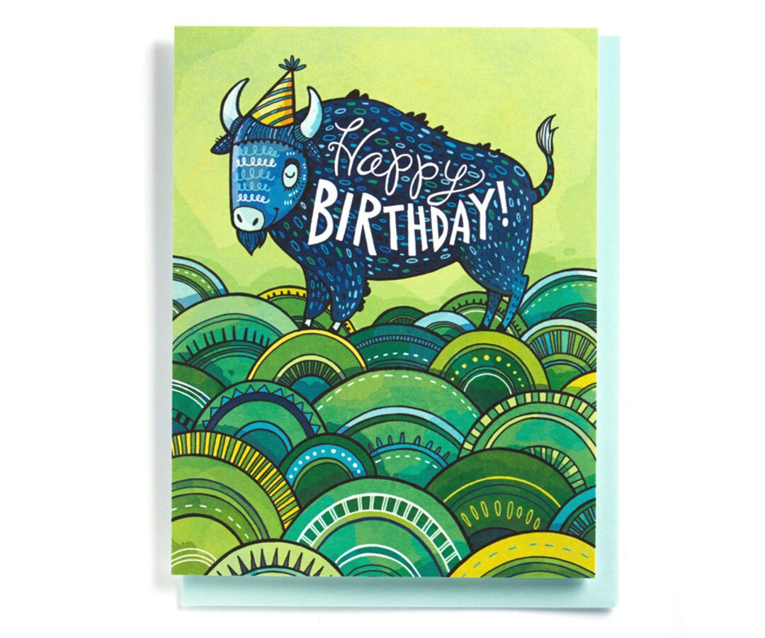 Birthday Card: Buffalo on Green Hills Illustrated and - Etsy