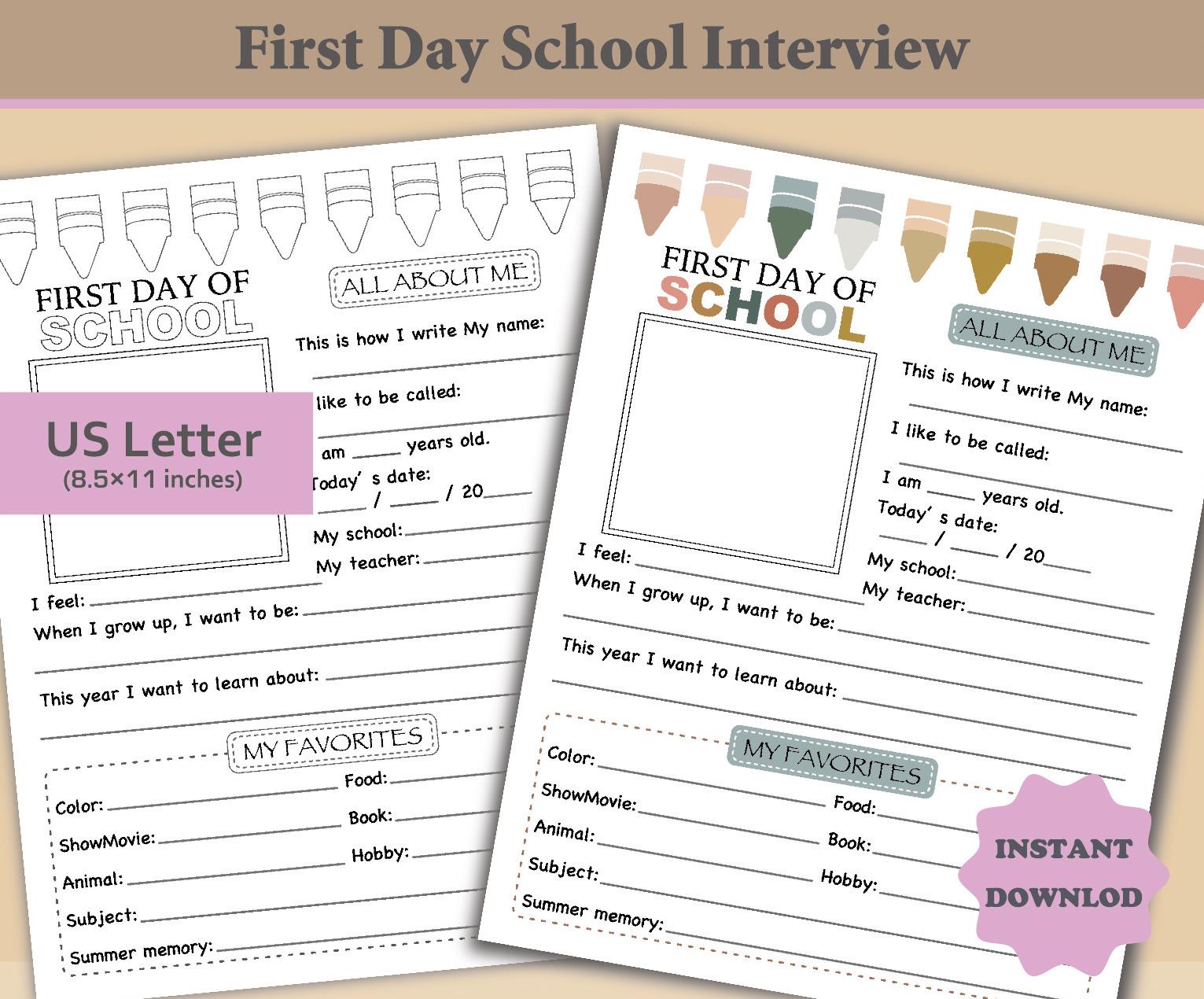 School Interview Sheets, First Day of School Interview Printable, Back ...