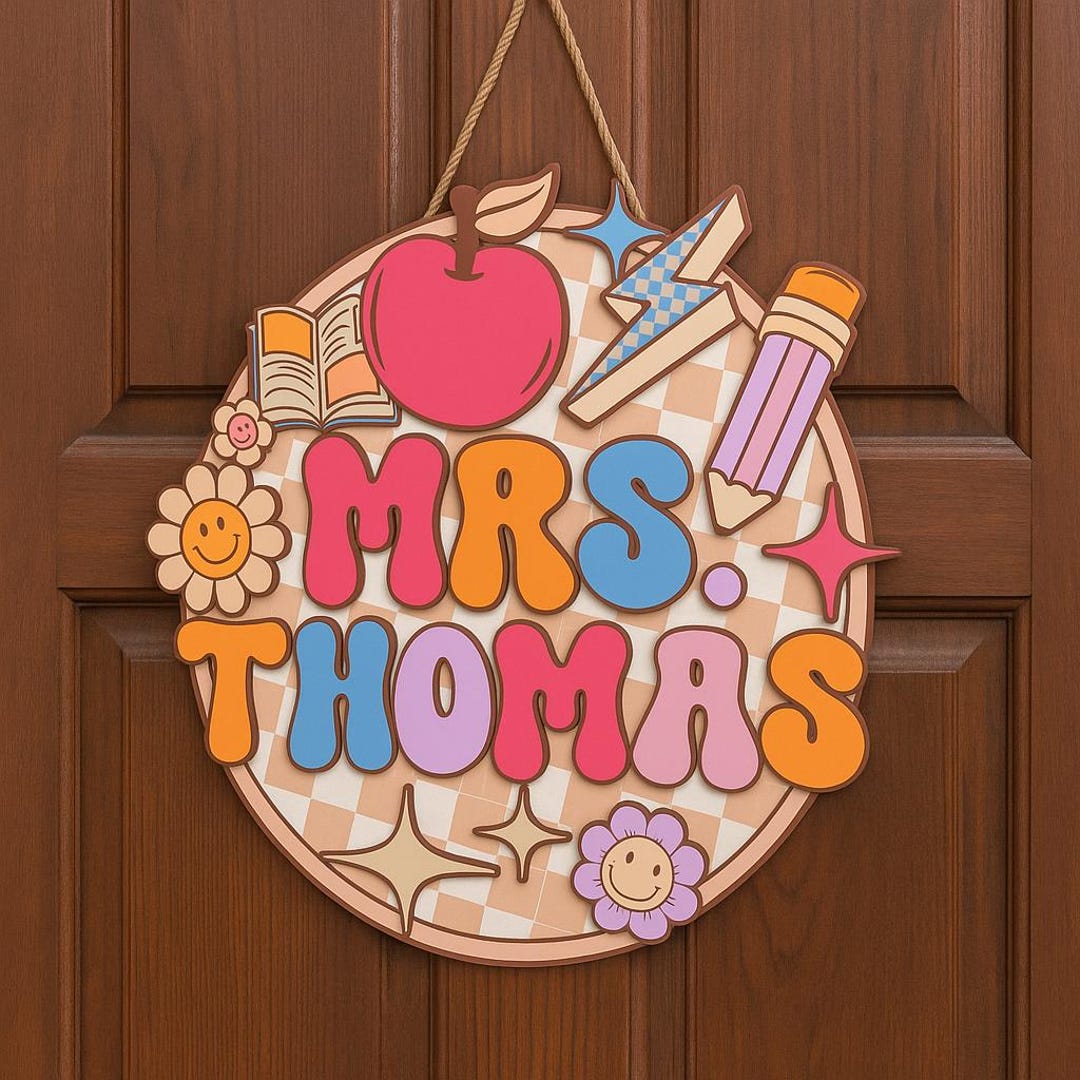 Personalized Teacher Door Sign – Retro Name Plaque With Cute School ...