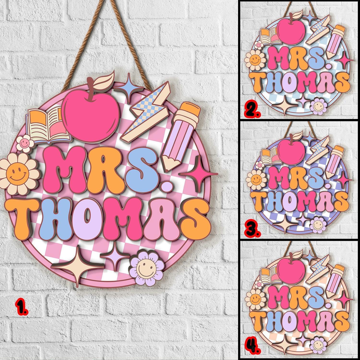 Personalized Teacher Door Sign – Retro Name Plaque With Cute School ...