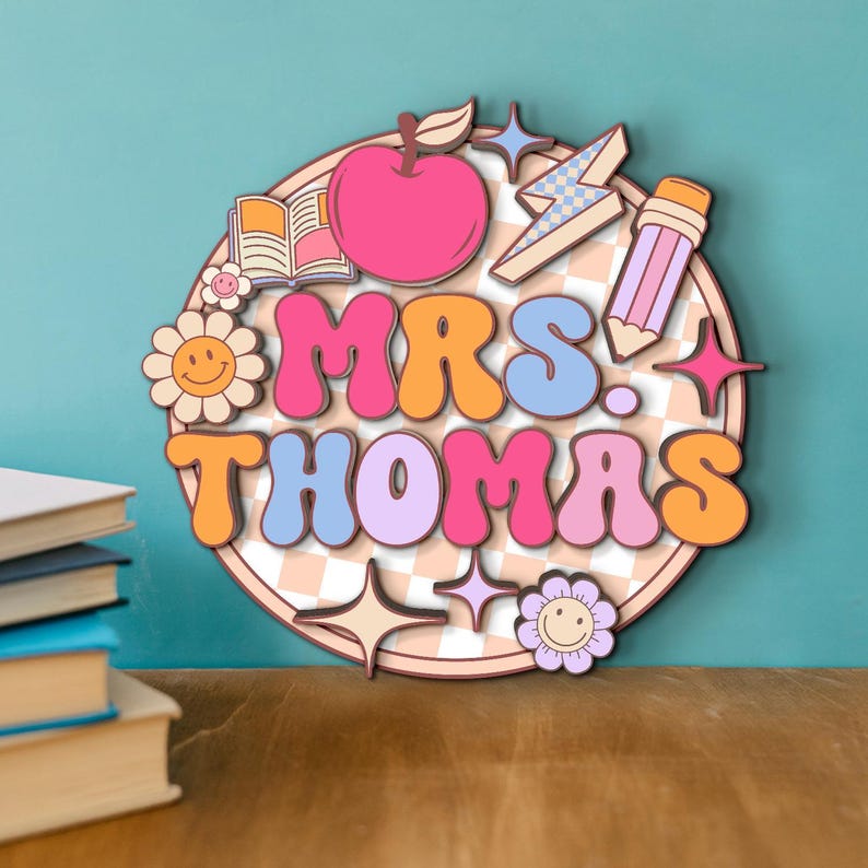 Personalized Teacher Door Sign – Retro Name Plaque With Cute School ...