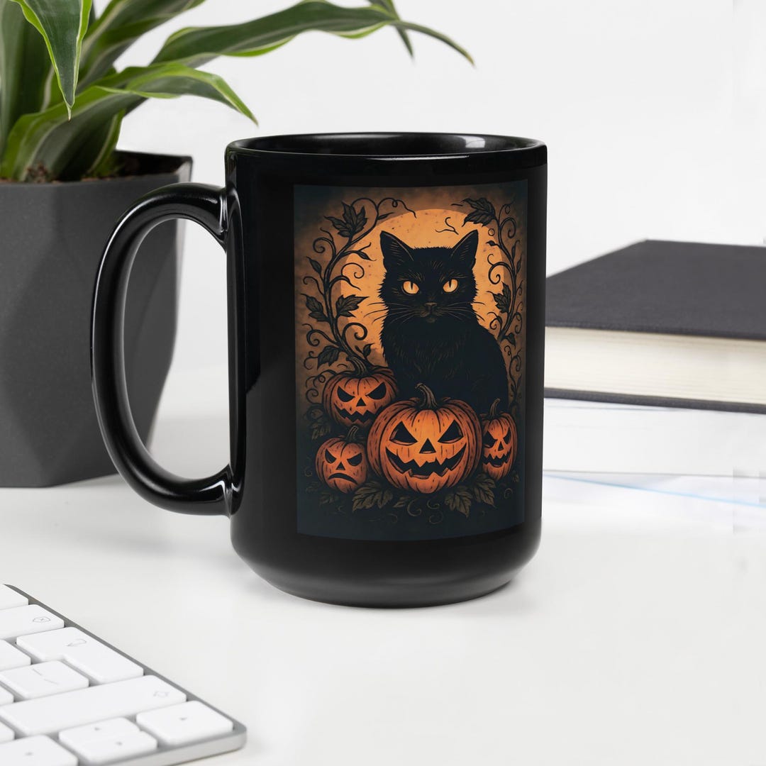 Halloween Cat Mug: Black Glossy Pumpkin Coffee Cup, Witchy Gothic ...