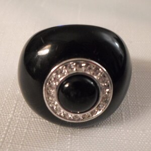 BLACK RHINESTONE RING Size 6 / Lucite / Signed-inscribed / Mod Go-go ...