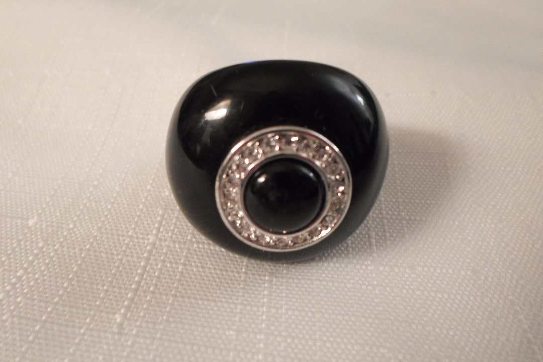 BLACK RHINESTONE RING Size 6 / Lucite / Signed-inscribed / Mod Go-go ...