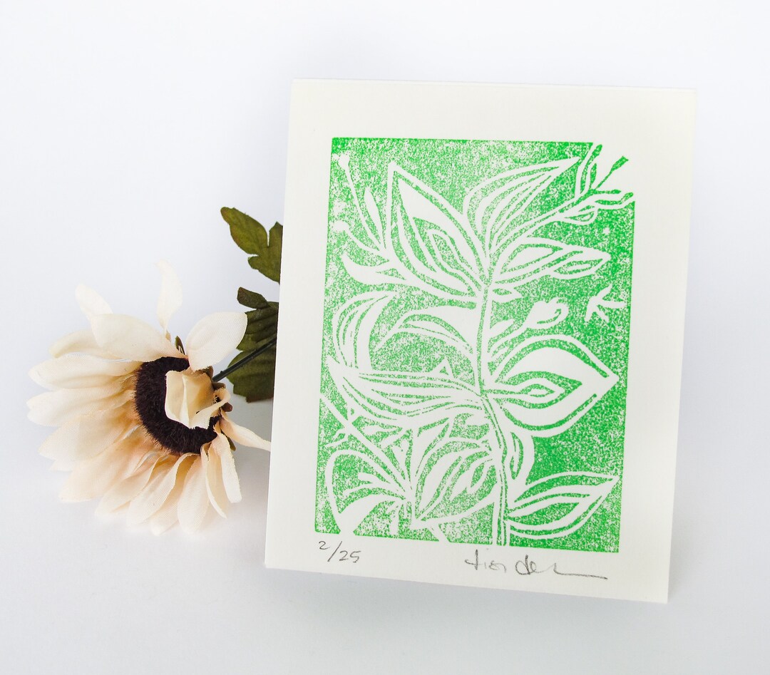 Botanical Linocut Relief Print - Signed Edition of 25, Grass Green Ink ...