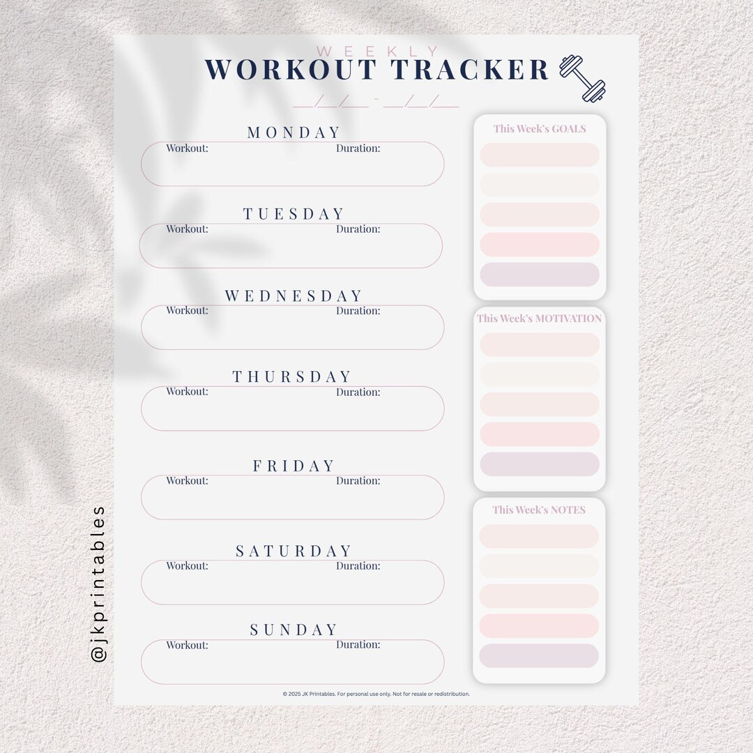 Weekly Fitness Tracker Printable (blush) | Workout Planner PDF ...