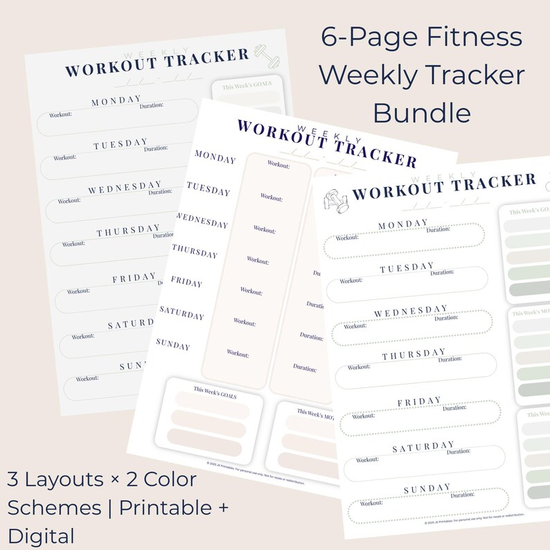 Weekly Fitness Tracker Printable Bundle | Workout Planner | 3 Layouts × ...