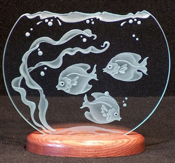 Carved Glass Fish Bowl 9 Inch Circle in Handcrafted Wooden Base - Etsy