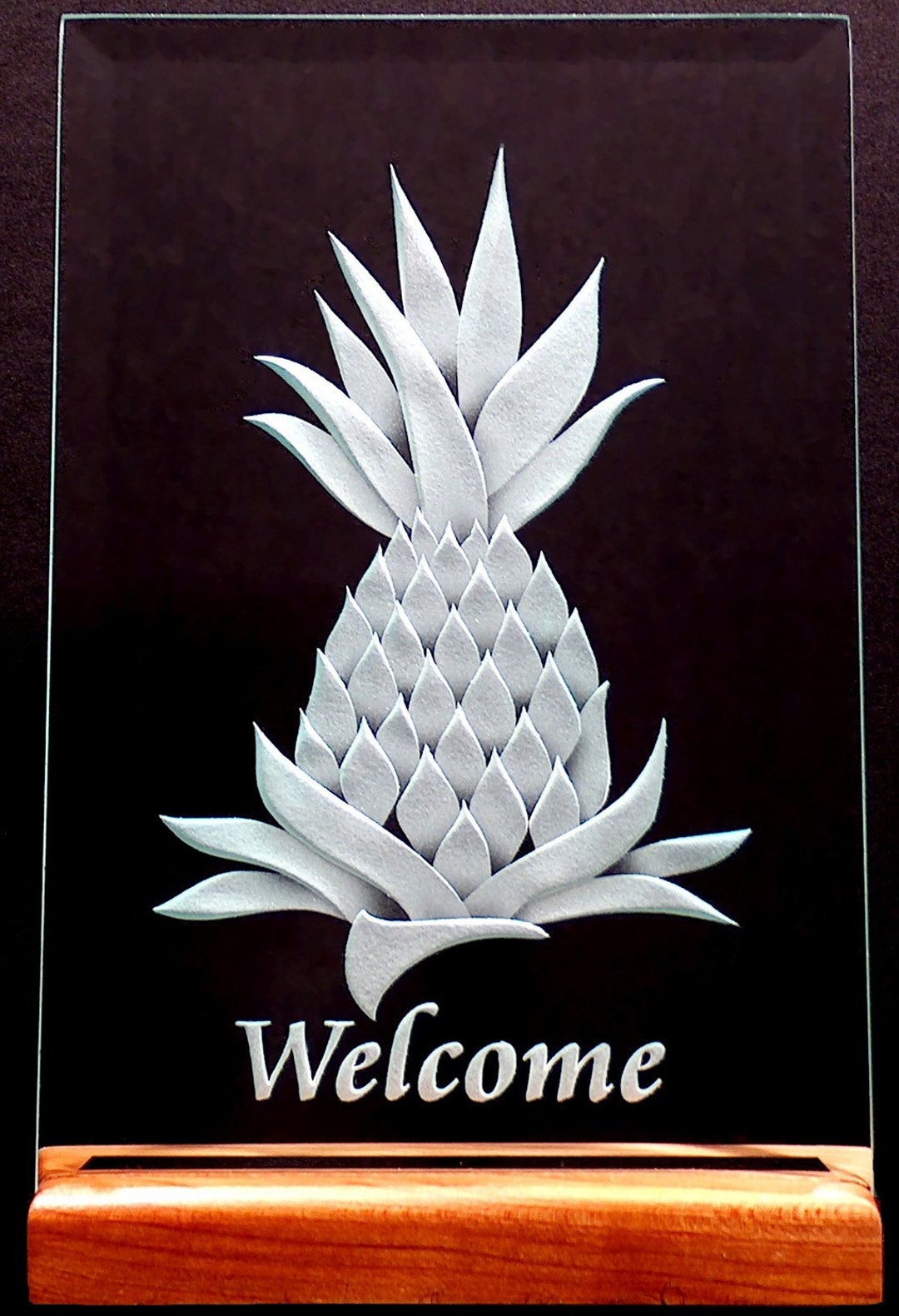 Carved Glass Welcome Pineapple Rectangle in Handcrafted Wooden Base - Etsy