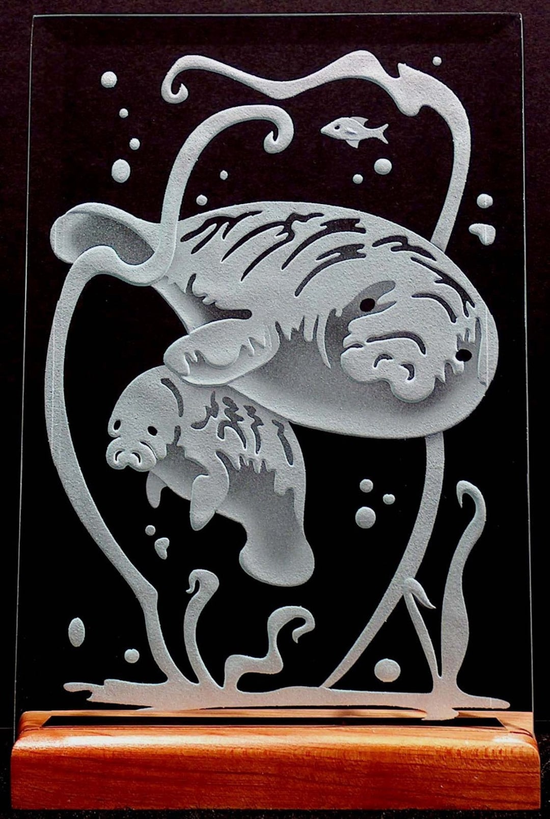 Carved Glass Manatee and Baby on Rectangle in Handcrafted Wooden Base ...