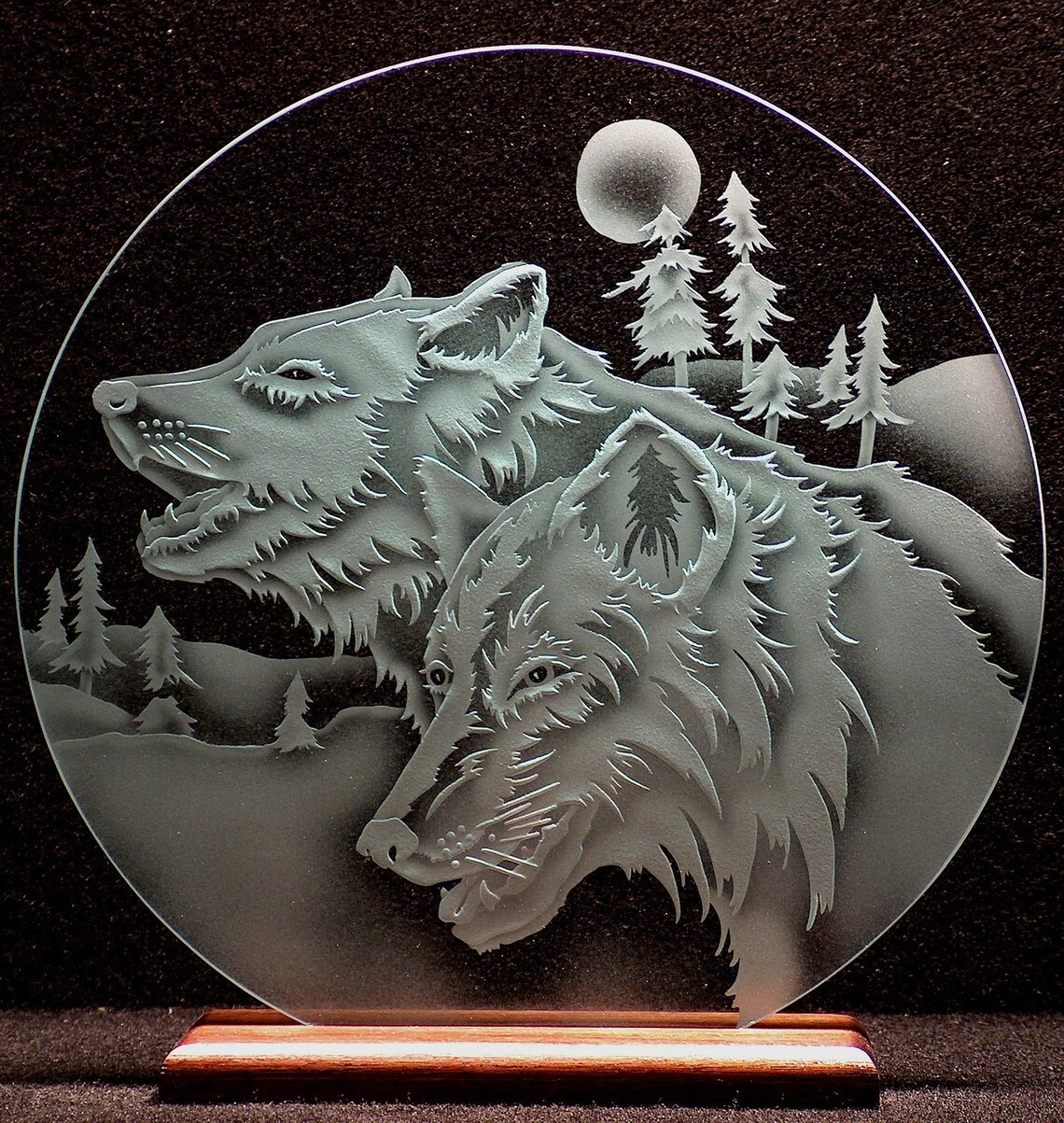 Carved Glass Wolves With Moon 12 Inch Circle in Base - Etsy