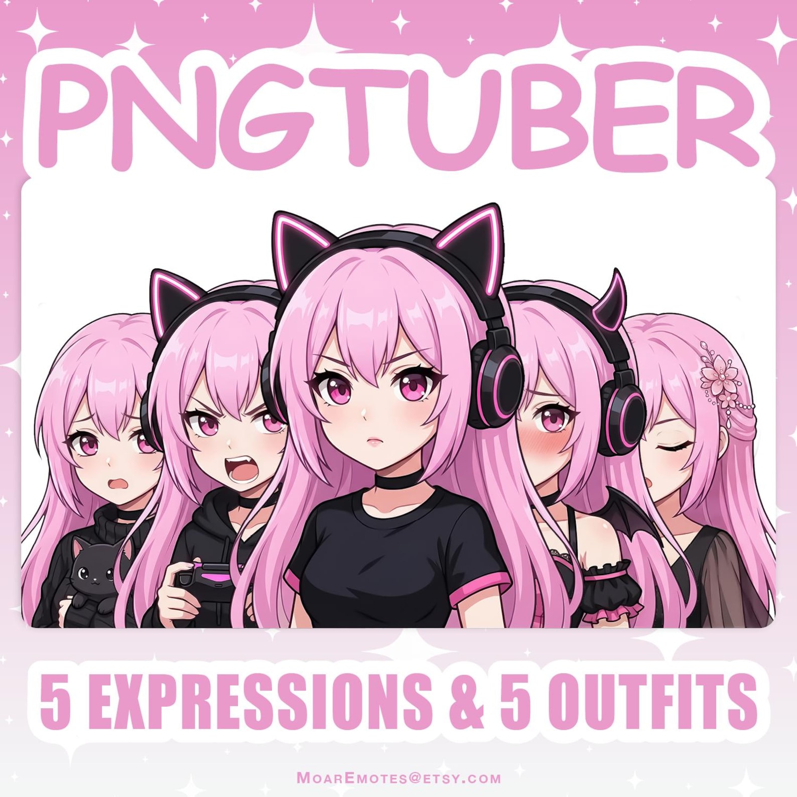 Pngtuber | Female 2D Vtuber Model With 5 Expressions and 5 Outfits for ...