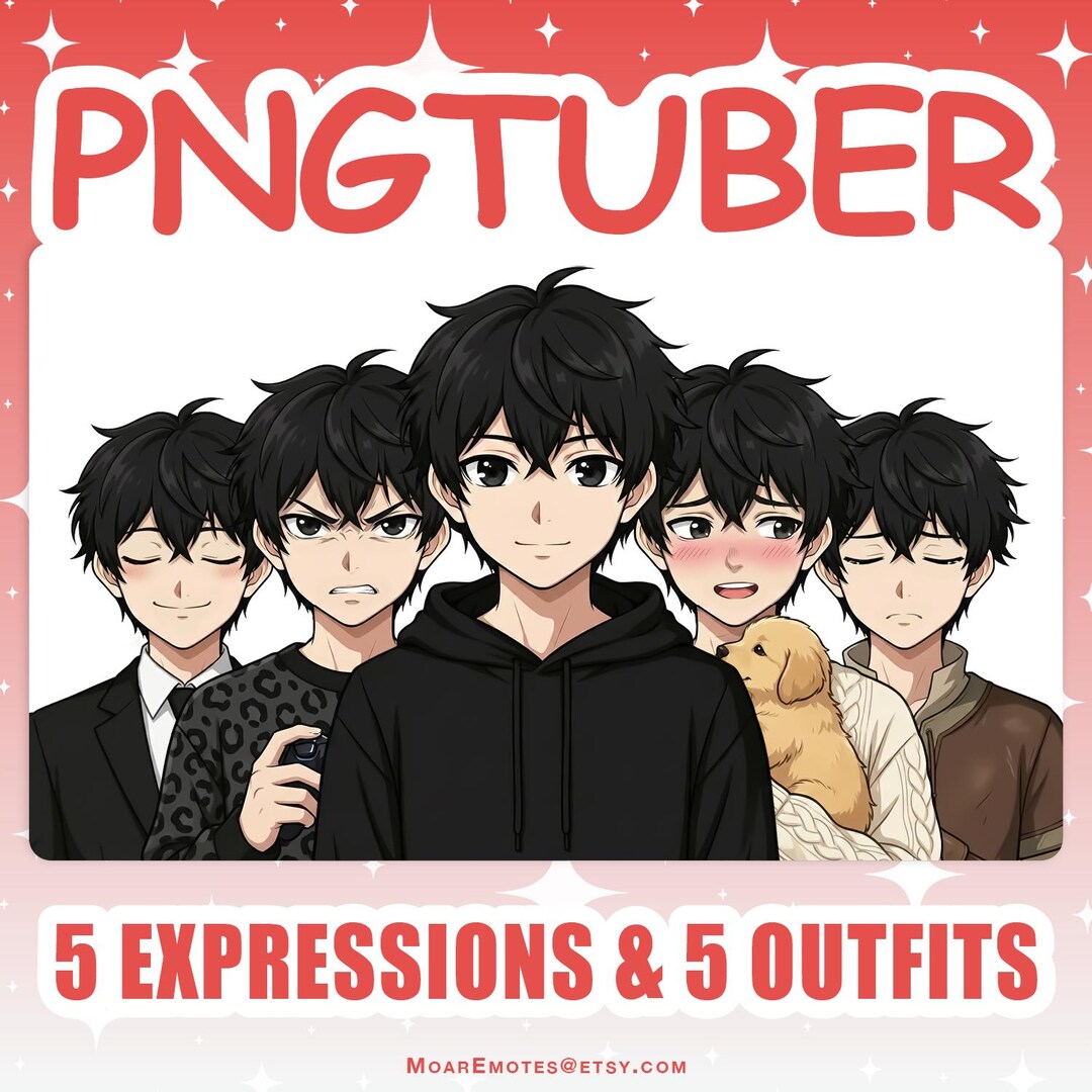 Pngtuber | Male 2D Vtuber Model With 5 Expressions and 5 Outfits for ...