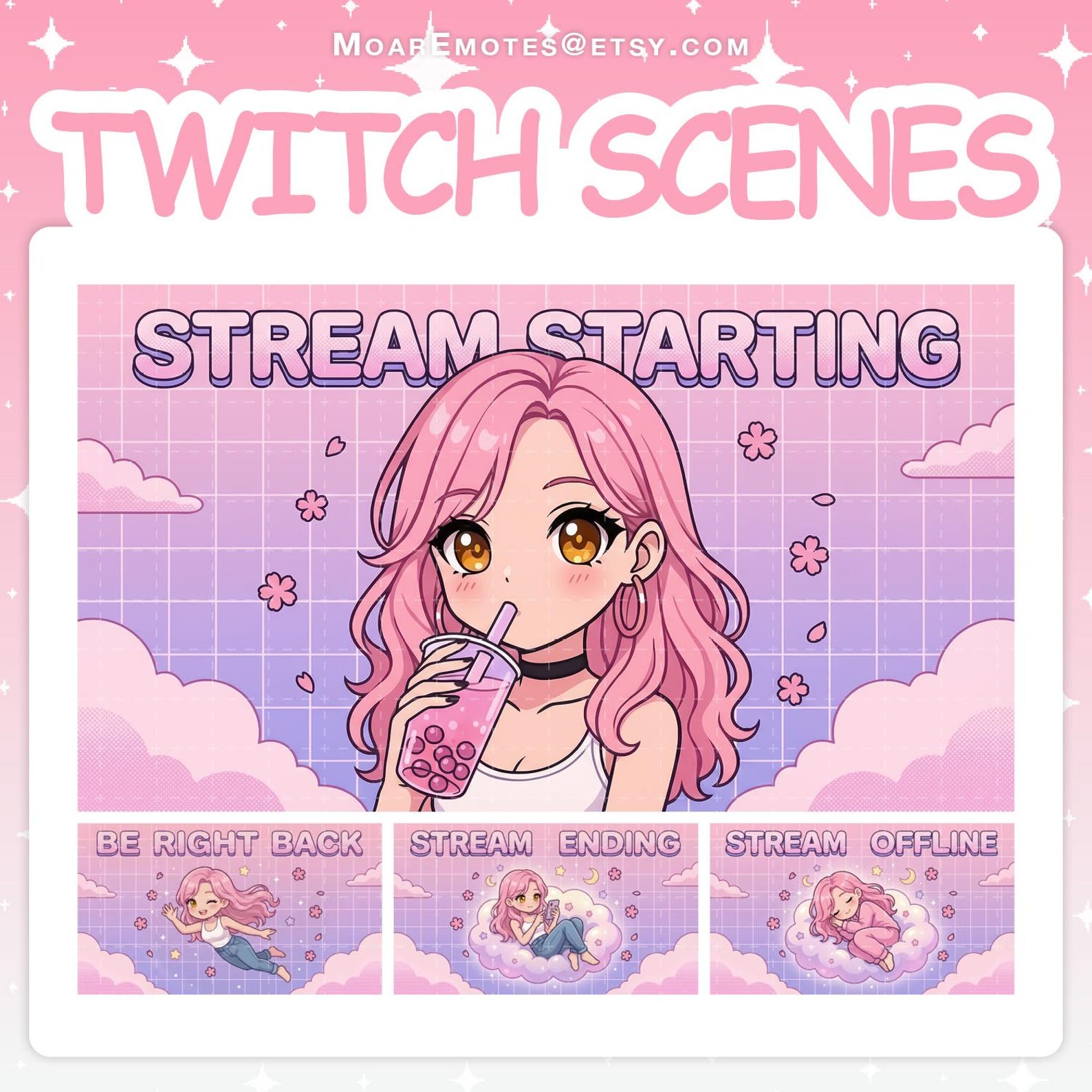 Twitch Overlay | Pink Girl Twitch Scenes Set With Stream Starting Soon ...