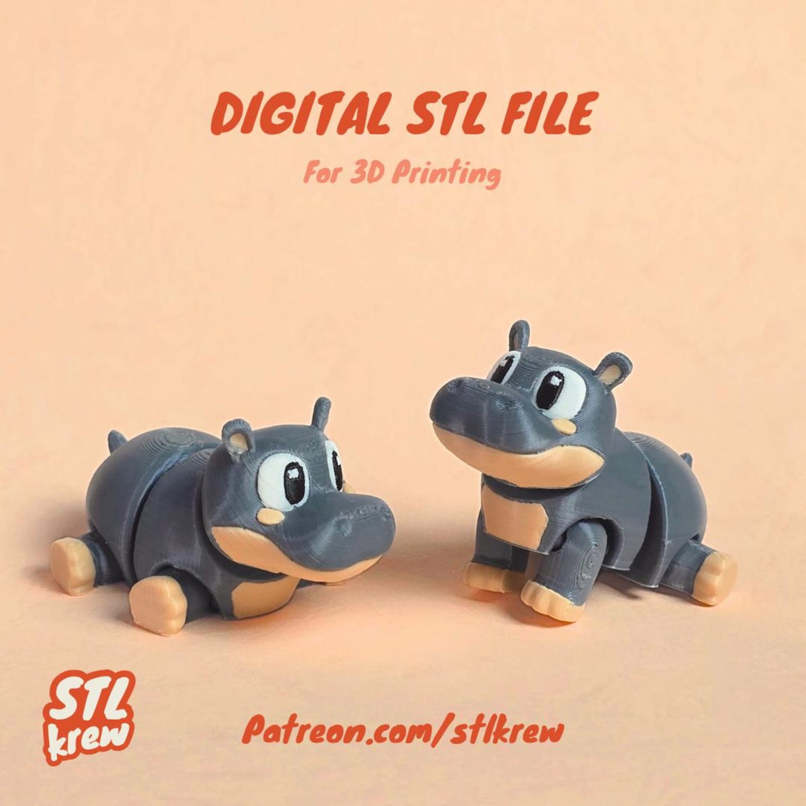 Cute Hippo - Hippopotamus STL/3MF 3d Printing File. Articulated, Print ...