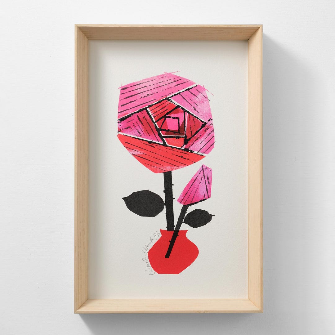 Bright Rose – Minimal Botanical Silkscreen Print, Hand Printed, Limited ...