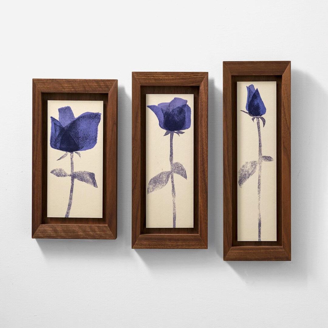 Blue Rose Flower 3-hand-print Silkscreen on Japanese Washi ,minimal ...