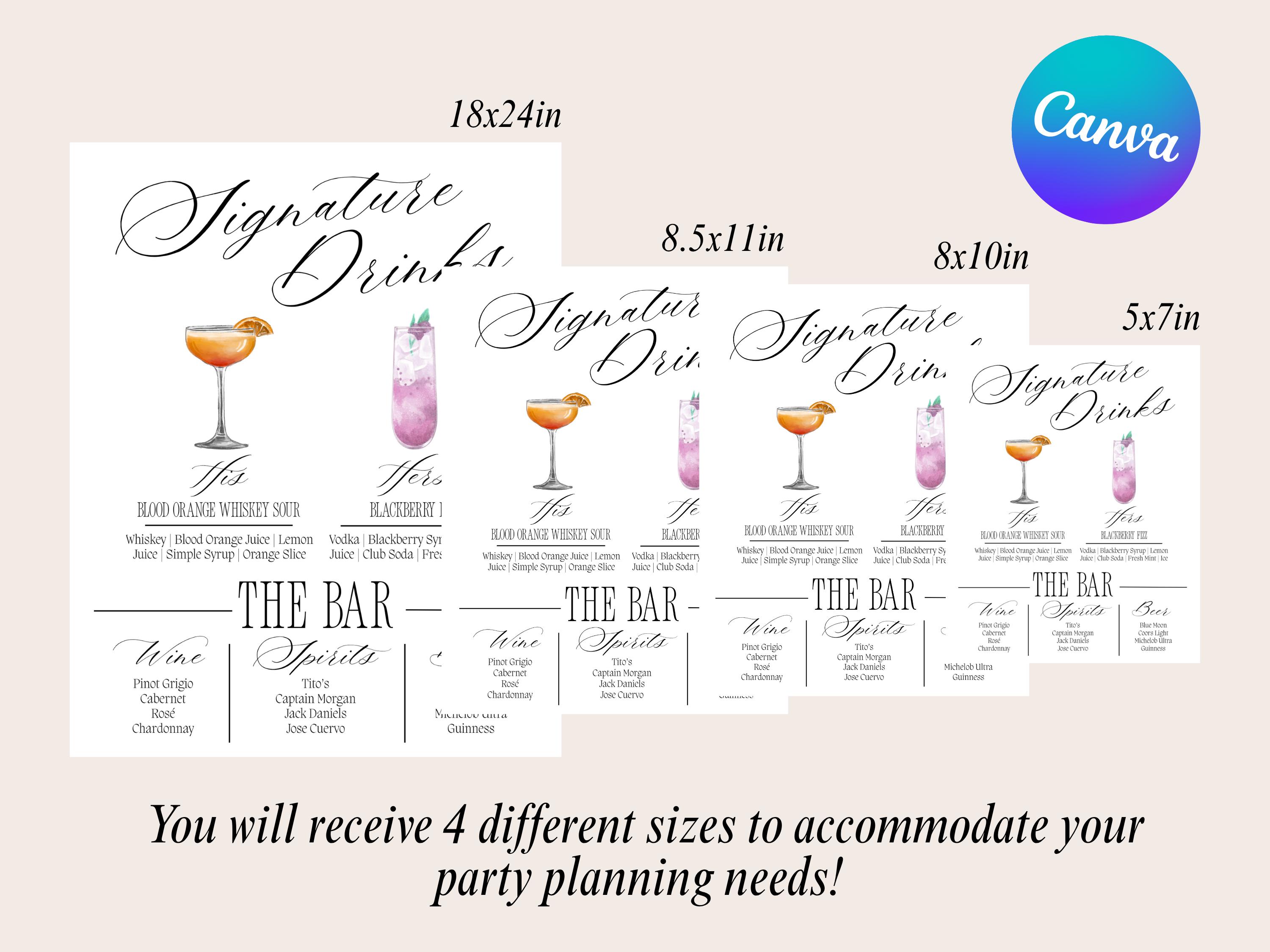 Signature Cocktail Sign: Wedding Bar Menu Template (digital Download ...