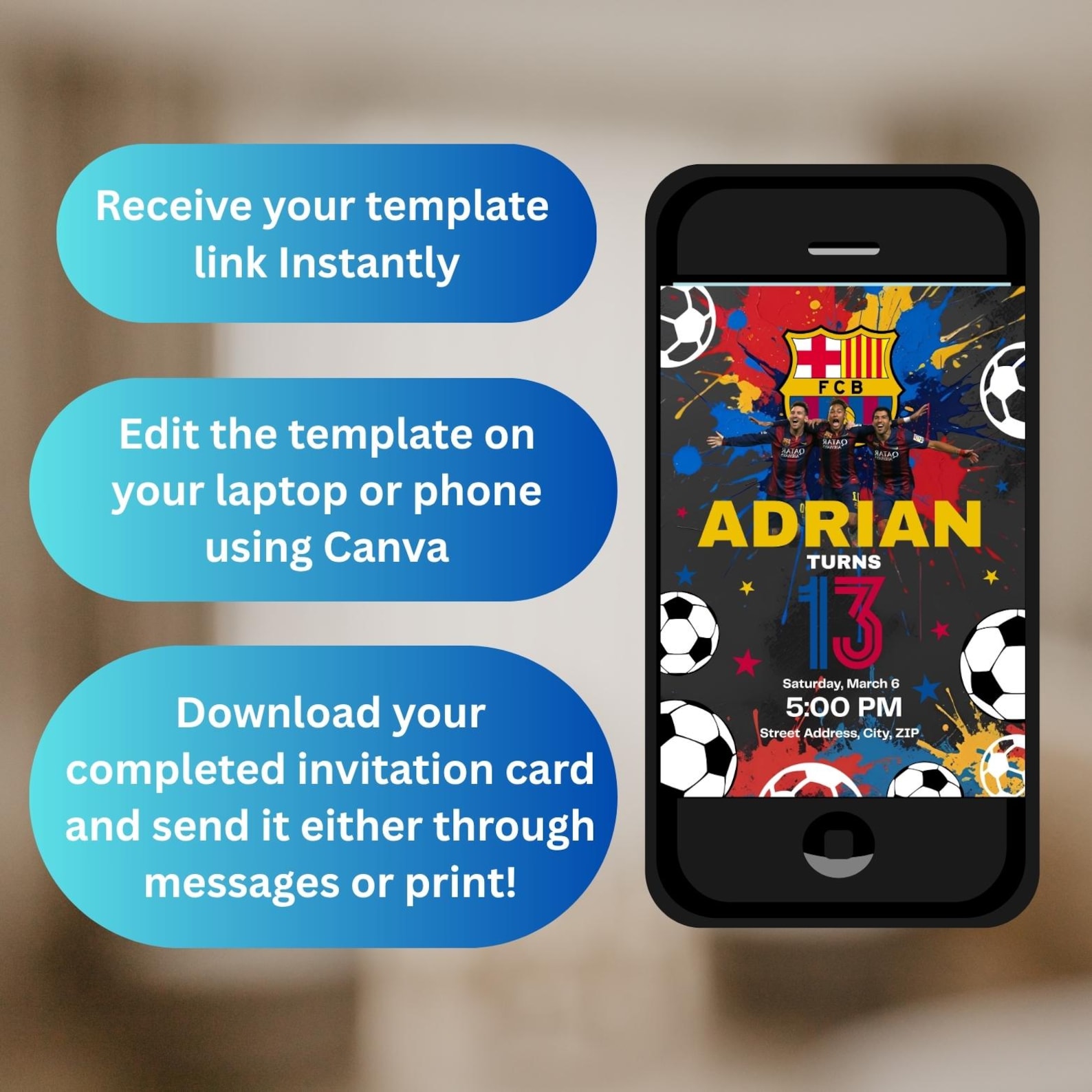 Messi Birthday Invitation: Barcelona Soccer Party, Editable Canva ...