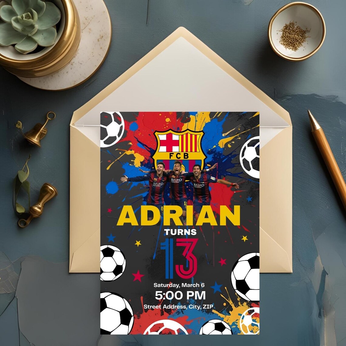 Messi Birthday Invitation: Barcelona Soccer Party, Editable Canva ...