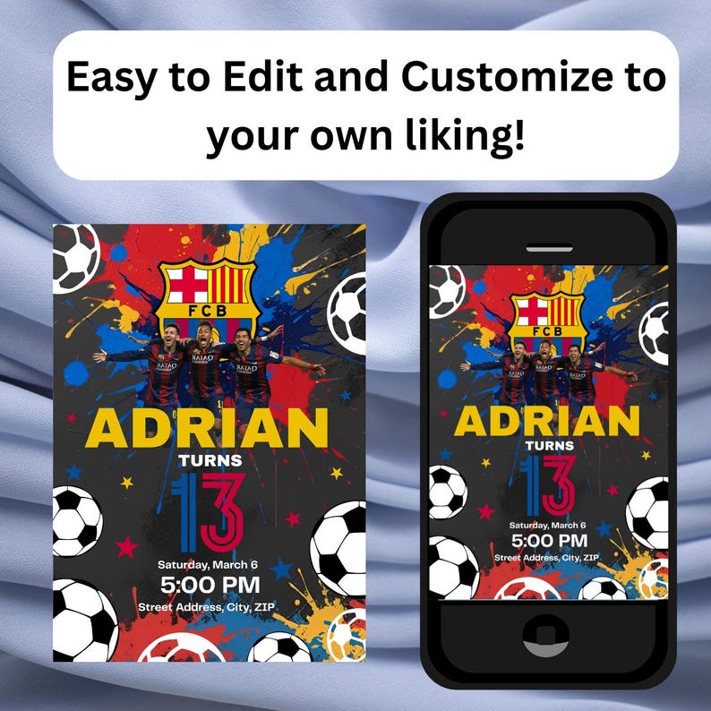 Messi Birthday Invitation: Barcelona Soccer Party, Editable Canva ...