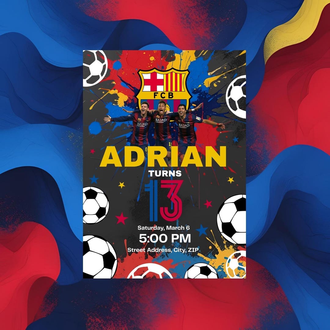 Messi Birthday Invitation: Barcelona Soccer Party, Editable Canva ...