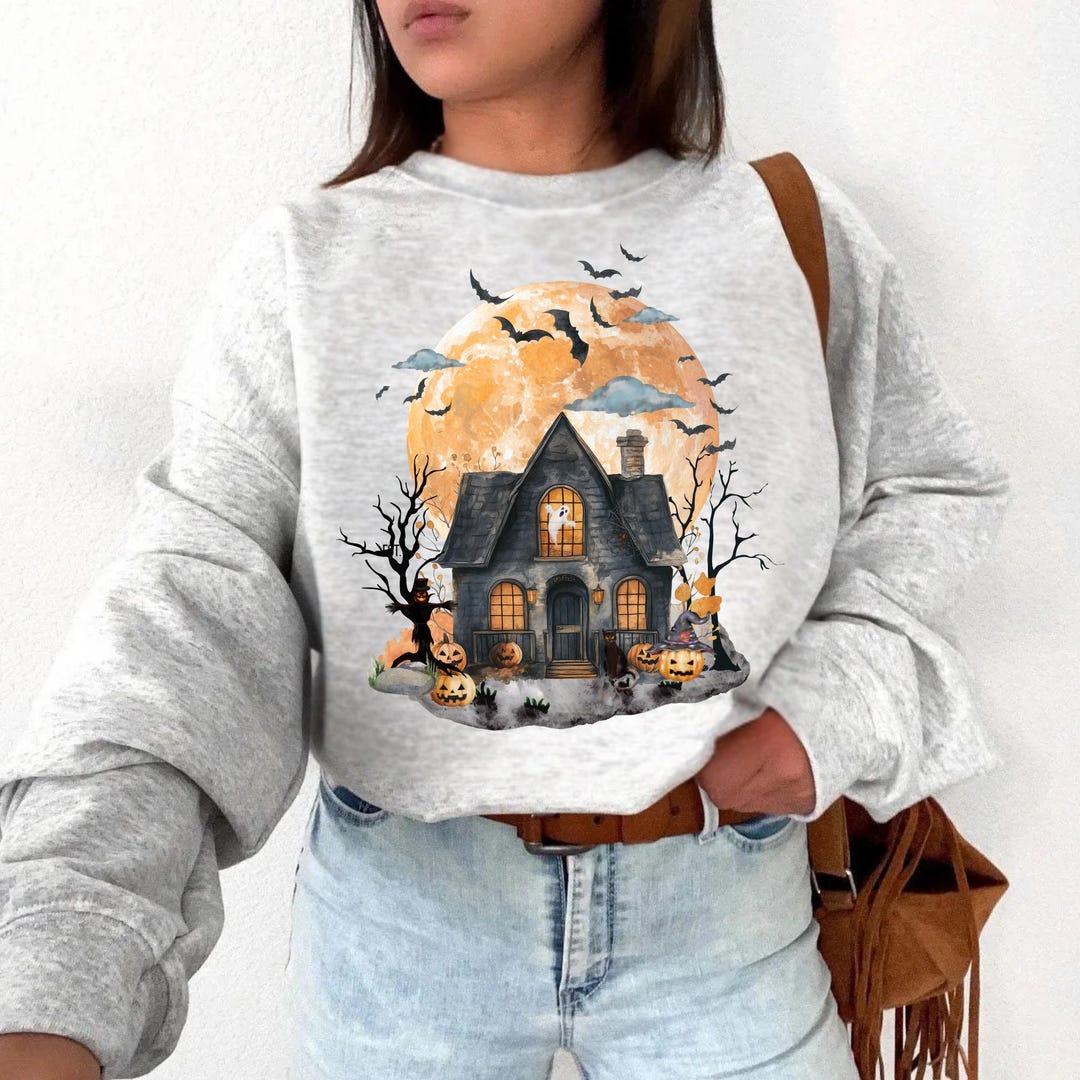 Haunted House Sweatshirt, Full Moon With Bats Halloween Crewneck, Fall ...
