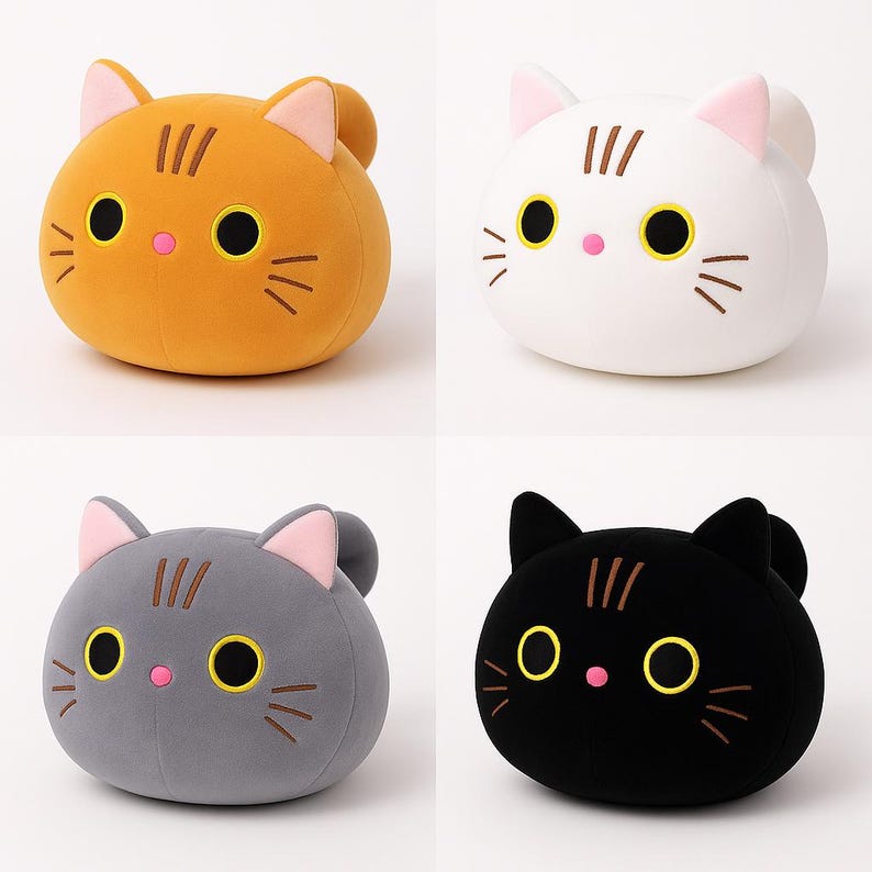 Cute Cat Plush Pillow – Kawaii Round Kitty Plushie, Soft Stuffed Animal ...