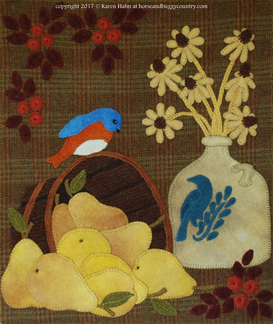 Wool Applique PATTERN Pears Bluebird Autumn Stoneware Jug Fall "do We ...