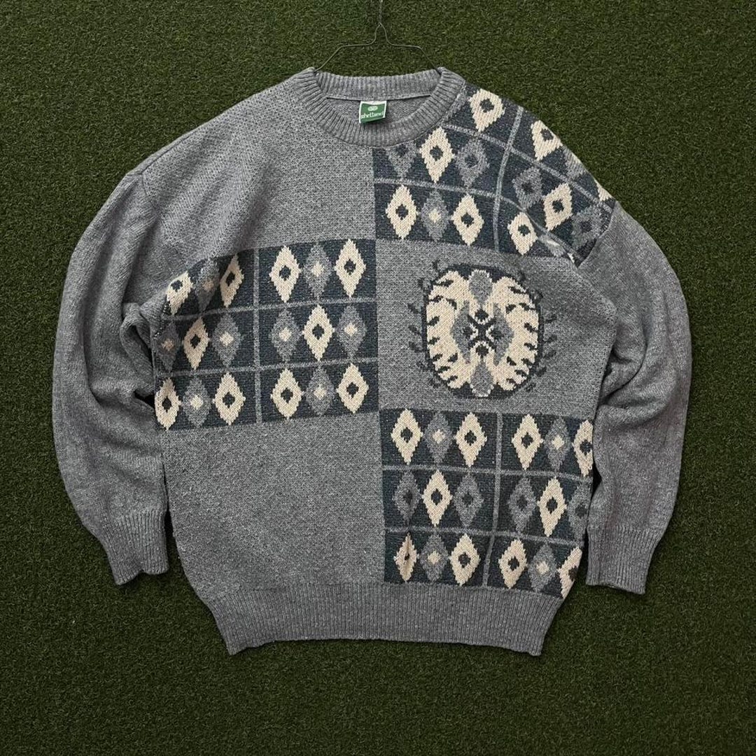 Vintage 80s Shetland Turkish Pure Wool Patterned Light Blue Pullover ...
