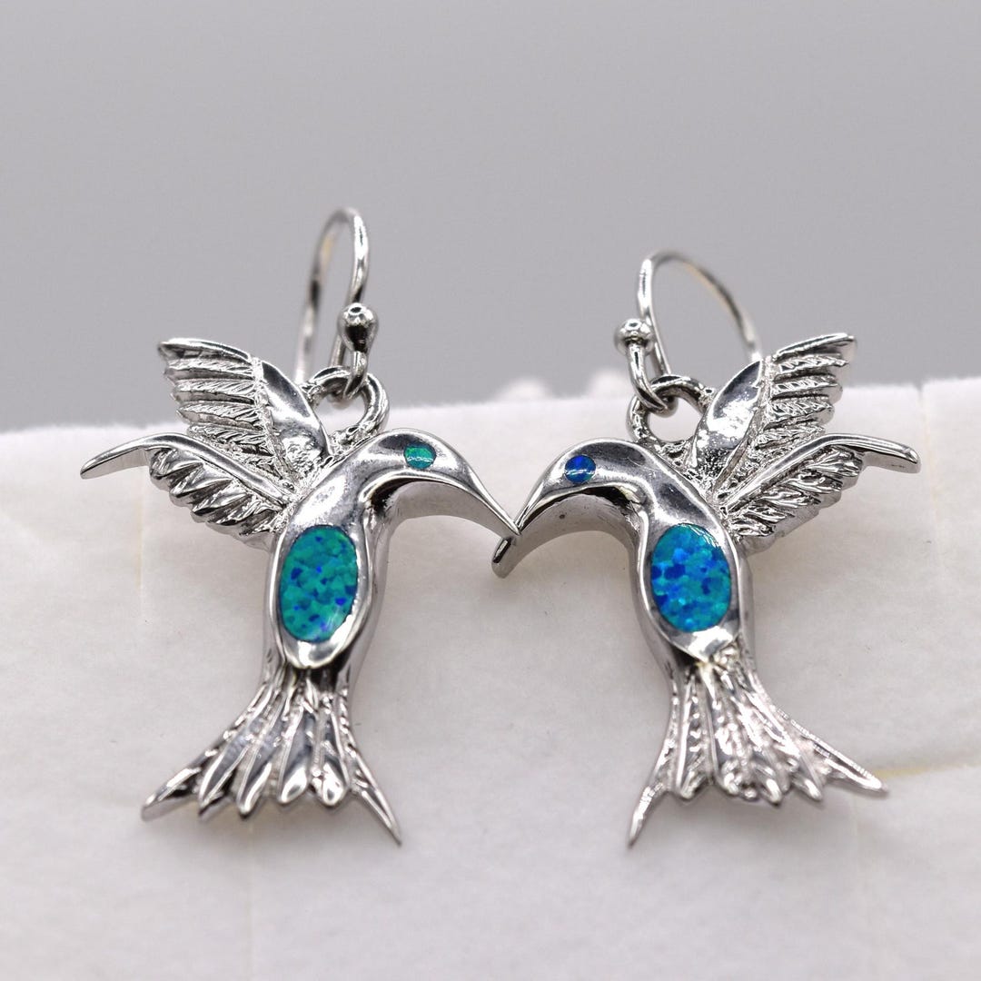 Blue Opal Hummingbird Earrings: Sterling Silver Bird Dangle Jewelry - Etsy