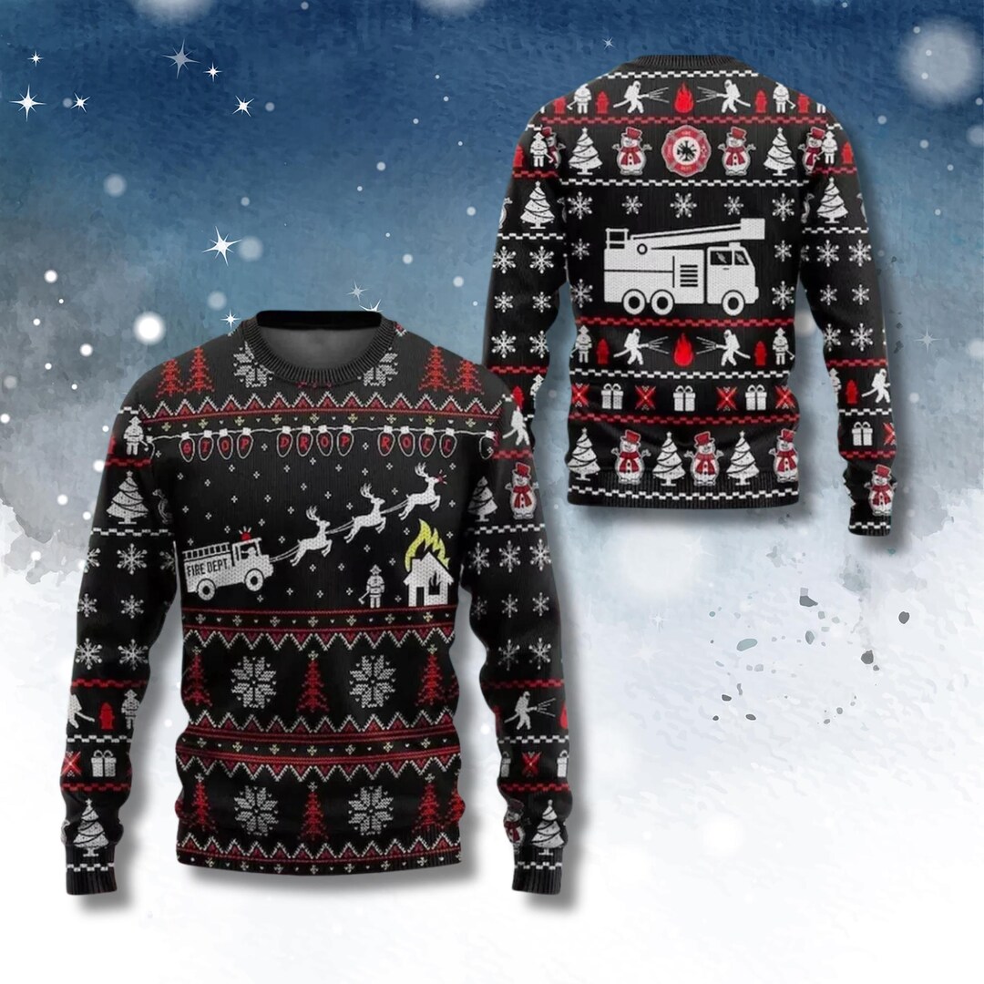 Firefighter Christmas Sweater – Ugly Xmas Fire Dept Knit With Fire ...