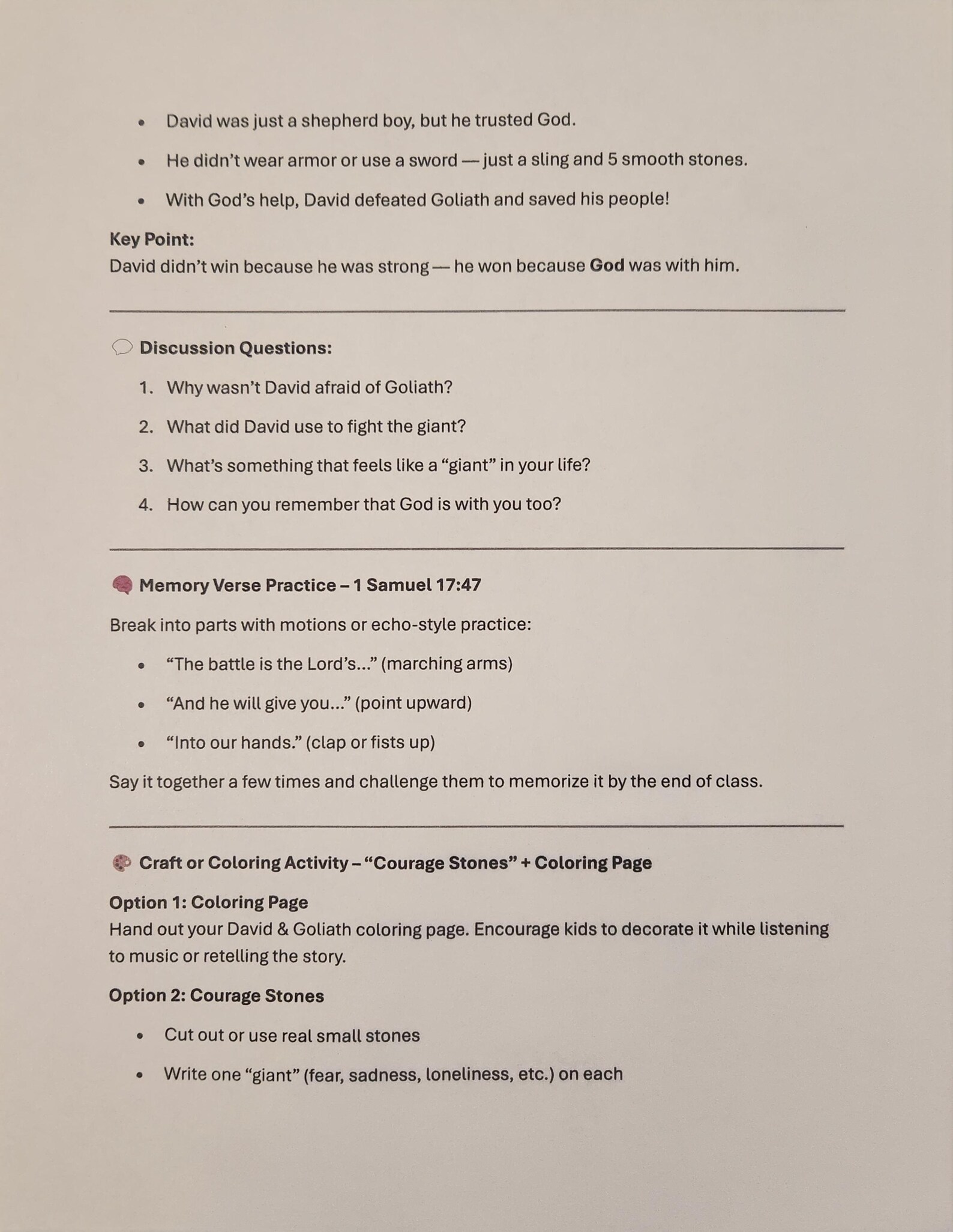 David and Goliath Sunday School Lesson | Printable Bible Lesson for ...