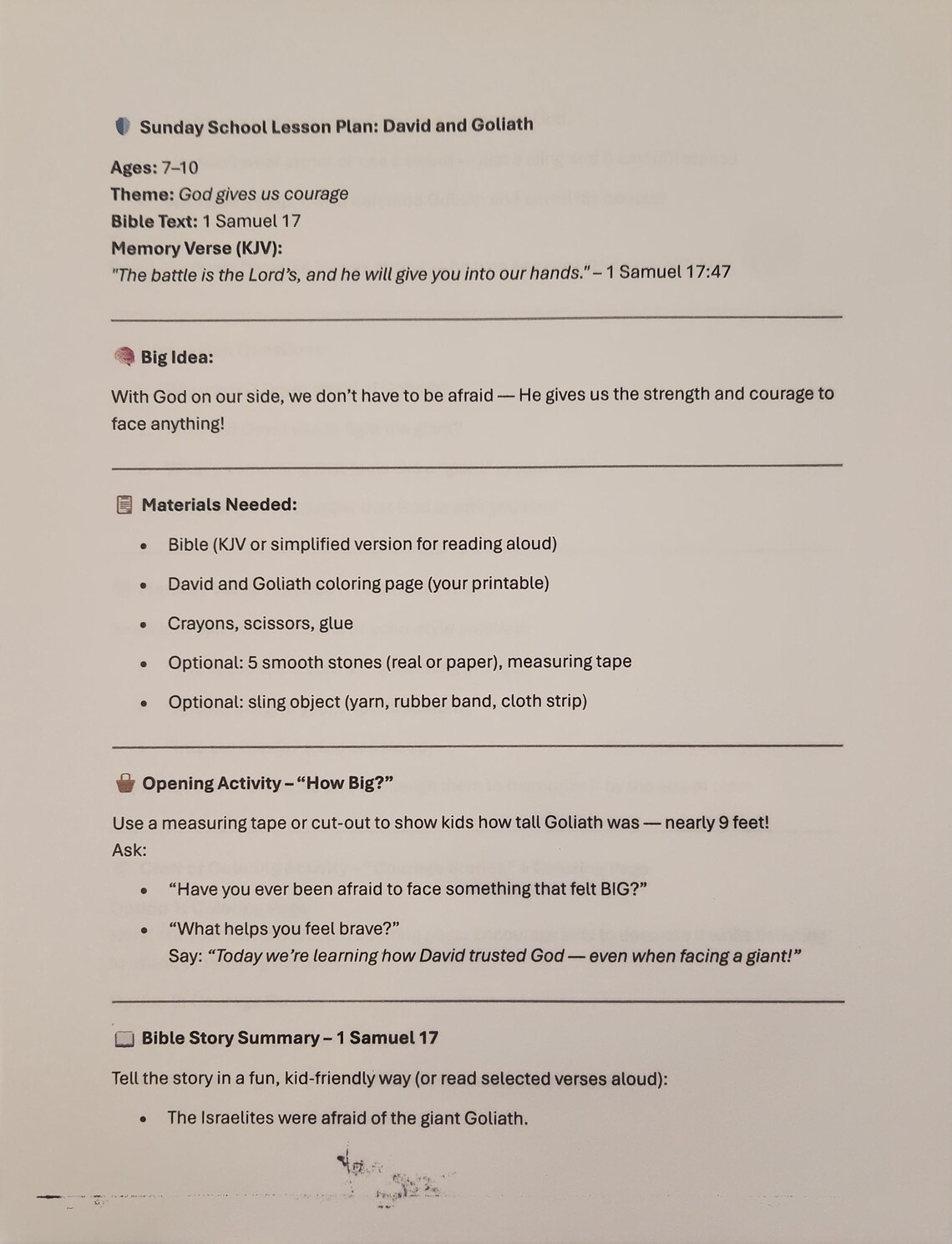 David and Goliath Sunday School Lesson | Printable Bible Lesson for ...