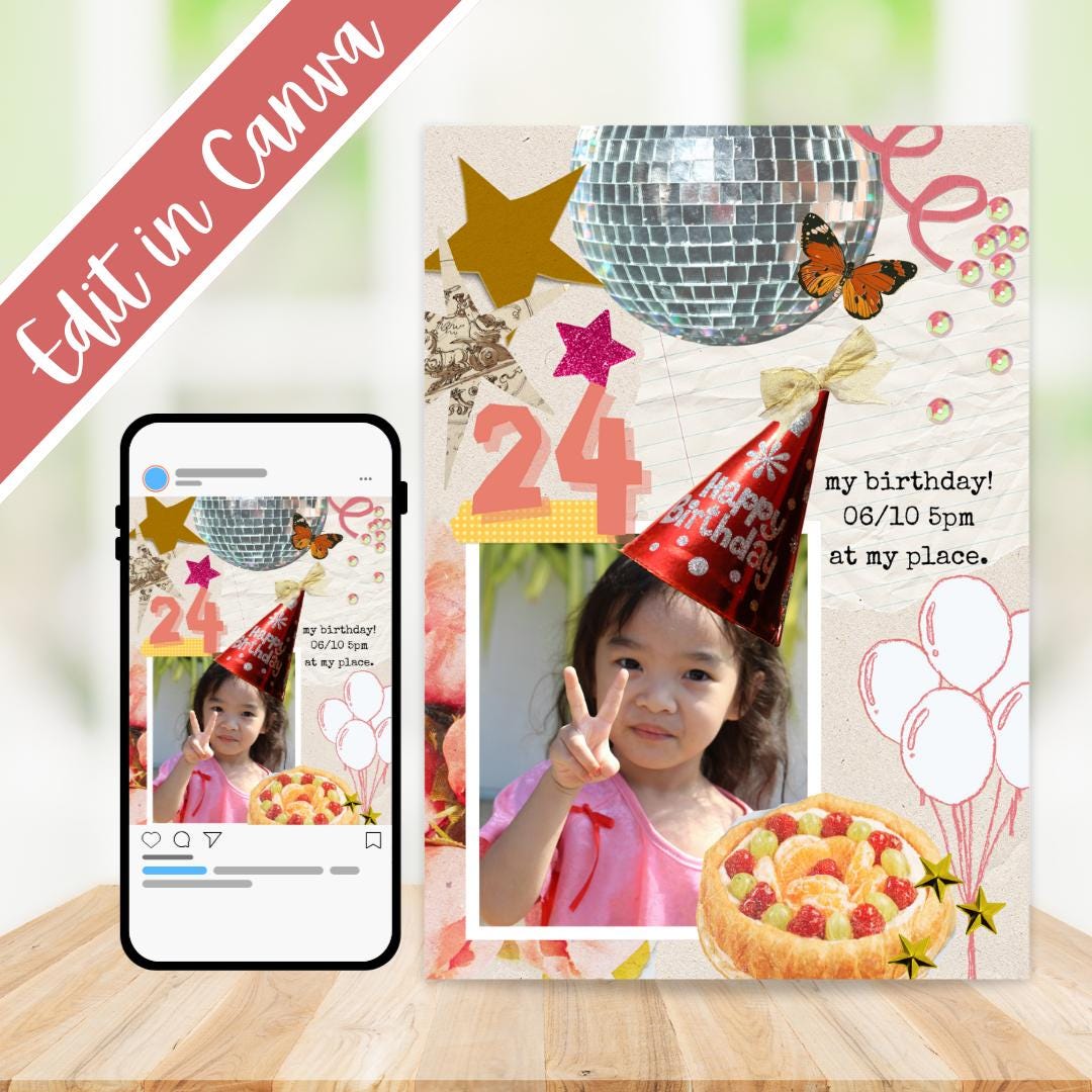 Cute Junk Journal Birthday Invitation Template - Editable Canva Custom ...