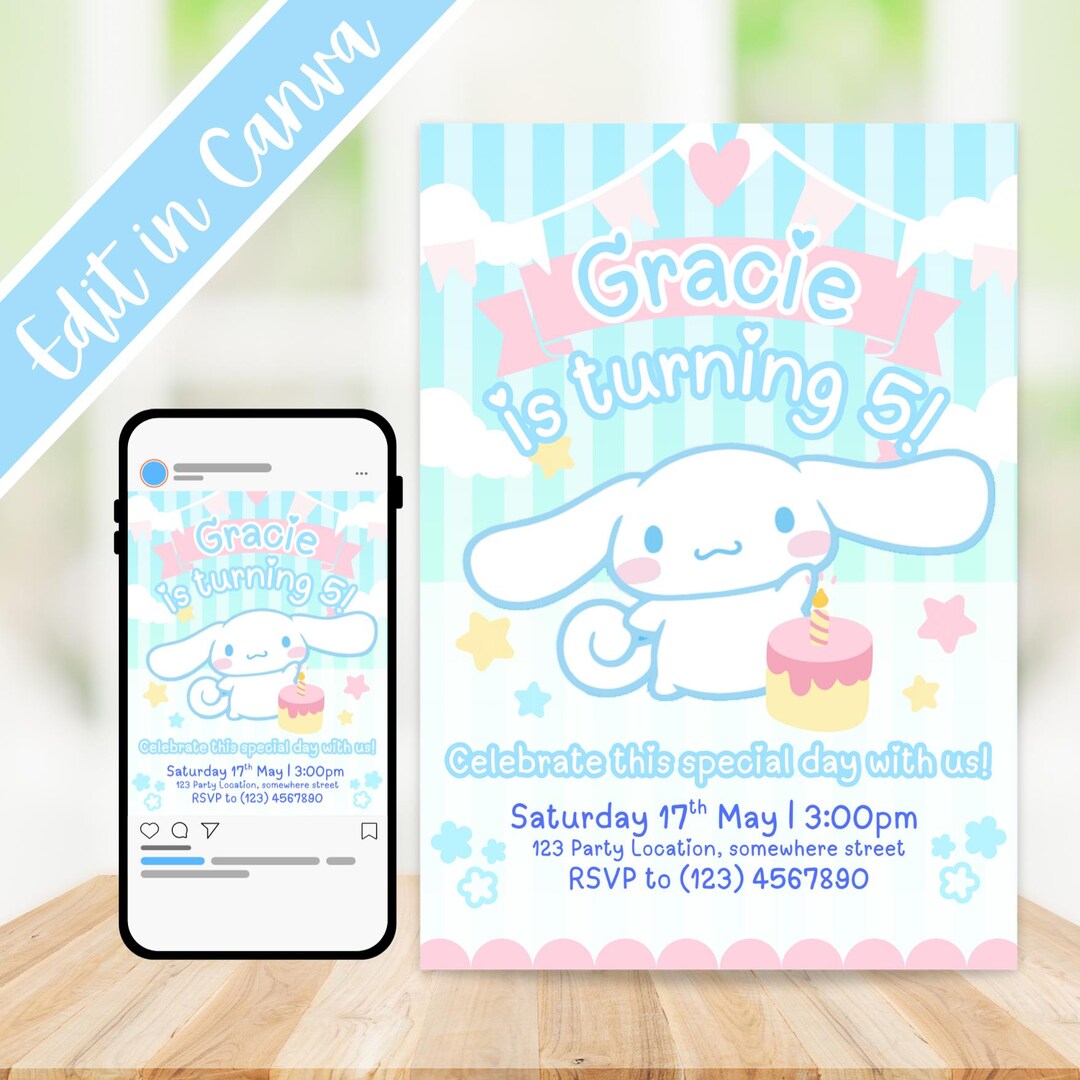 Cinna Roll Cute Bunny Kids Birthday Invitation Template - Kitty and ...