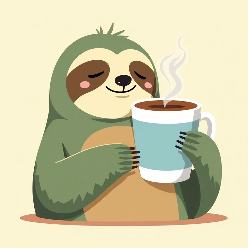 2500+ Funny Sloth Drinking Coffee PNG – Lazy Day Cartoon Clipart – Cute ...