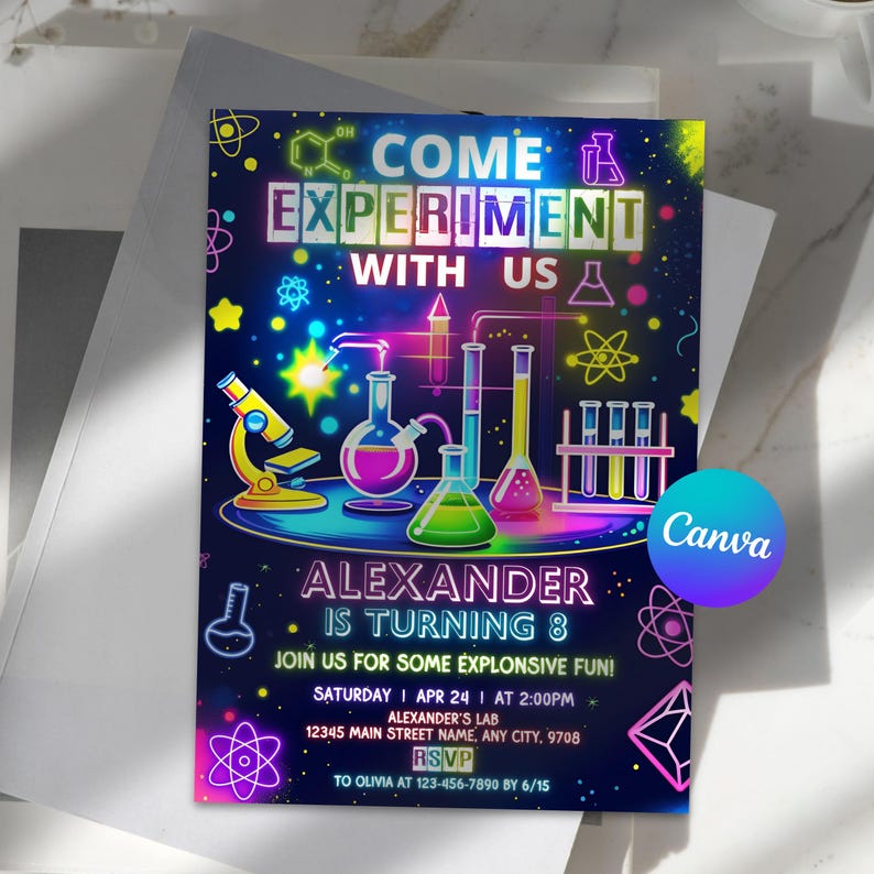 Neon Mad Science Birthday Invitation, Lab Experiment Party Invite ...