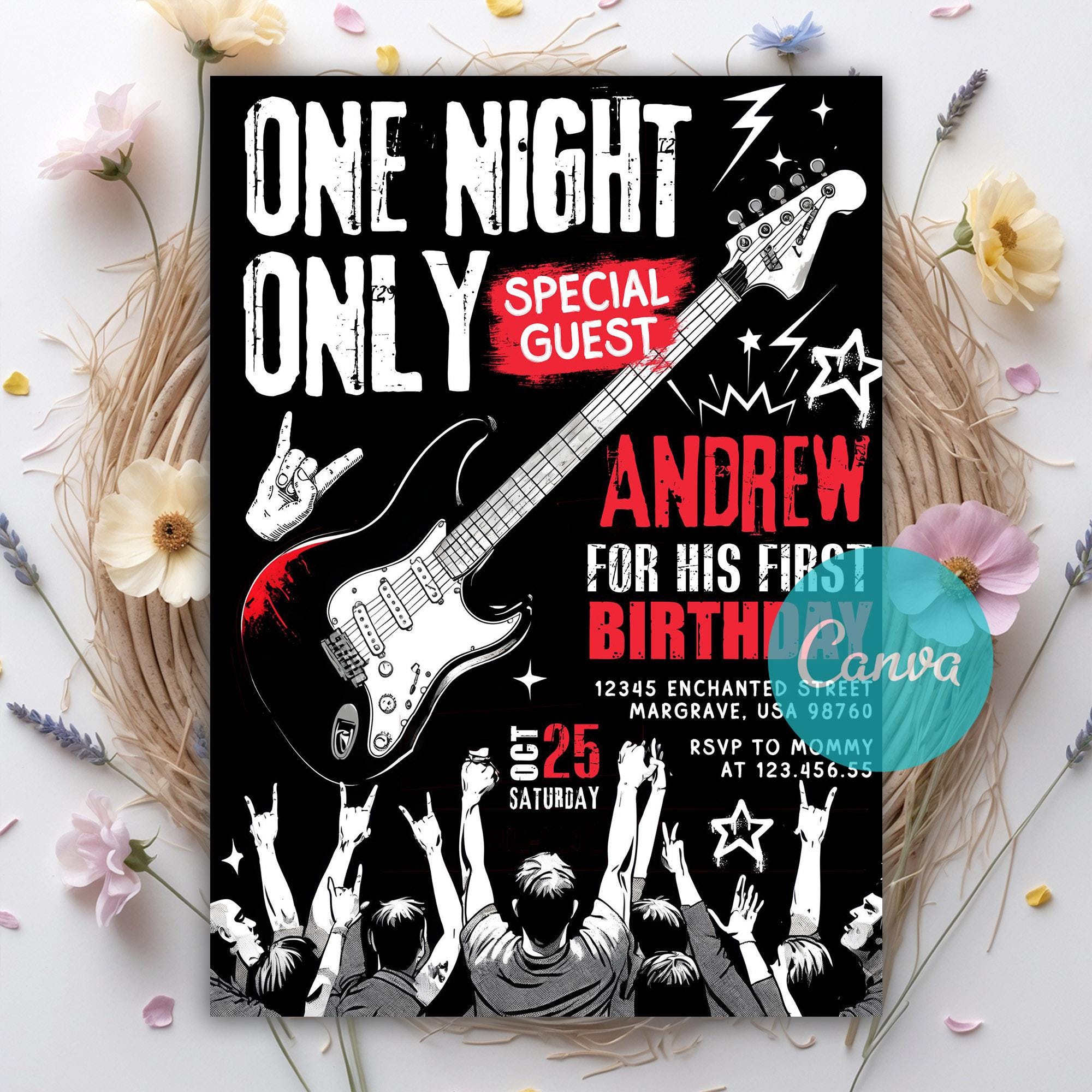 Rock Star Guitar Birthday Invitation, Rock and Roll Invitation ...
