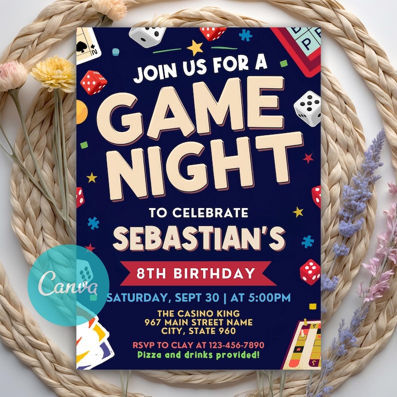 Game Night Birthday Invitation, Board Games, Canva Template (digital ...