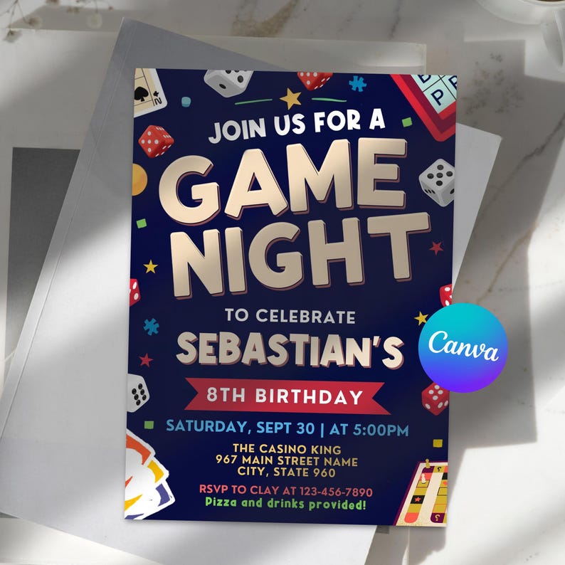 Game Night Birthday Invitation, Board Games, Canva Template (digital ...