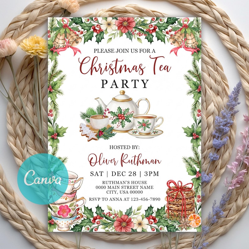 Christmas Tea Party Invitation, Rustic Christmas Floral High Tea ...