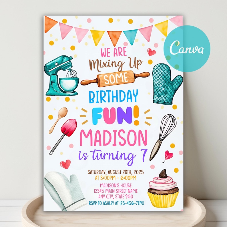 Chef Birthday Invitation, Cupcake Decorating Party, Canva Template ...
