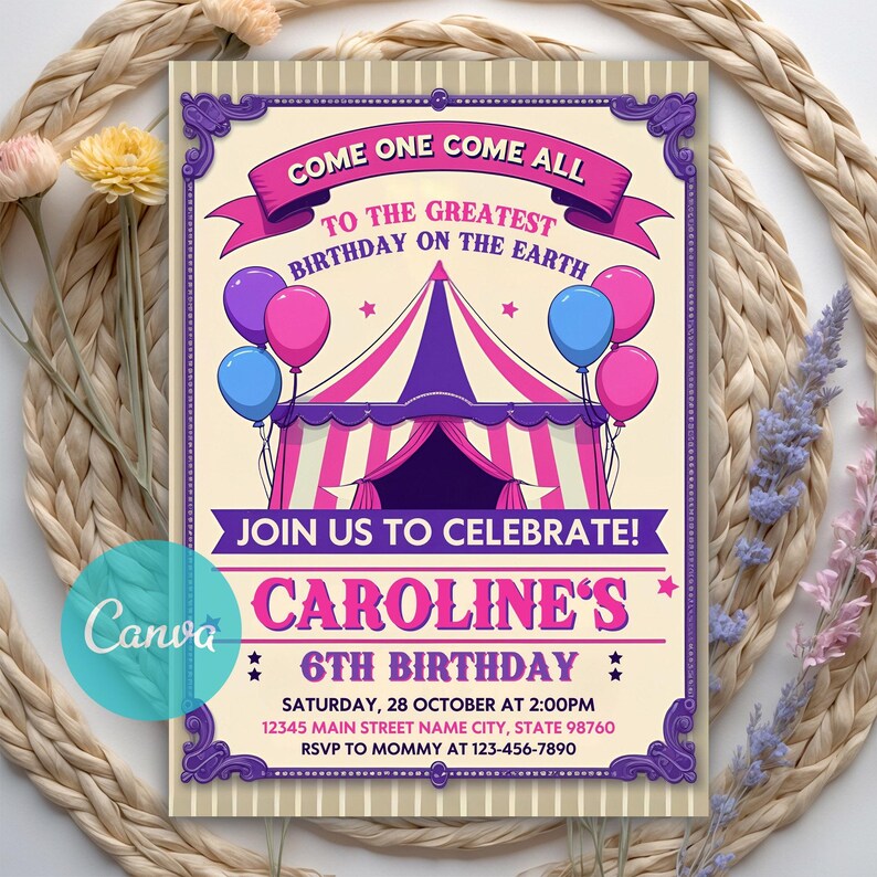 Pink Purple Pastel Carnival Invitation, Girl Circus Invitation ...
