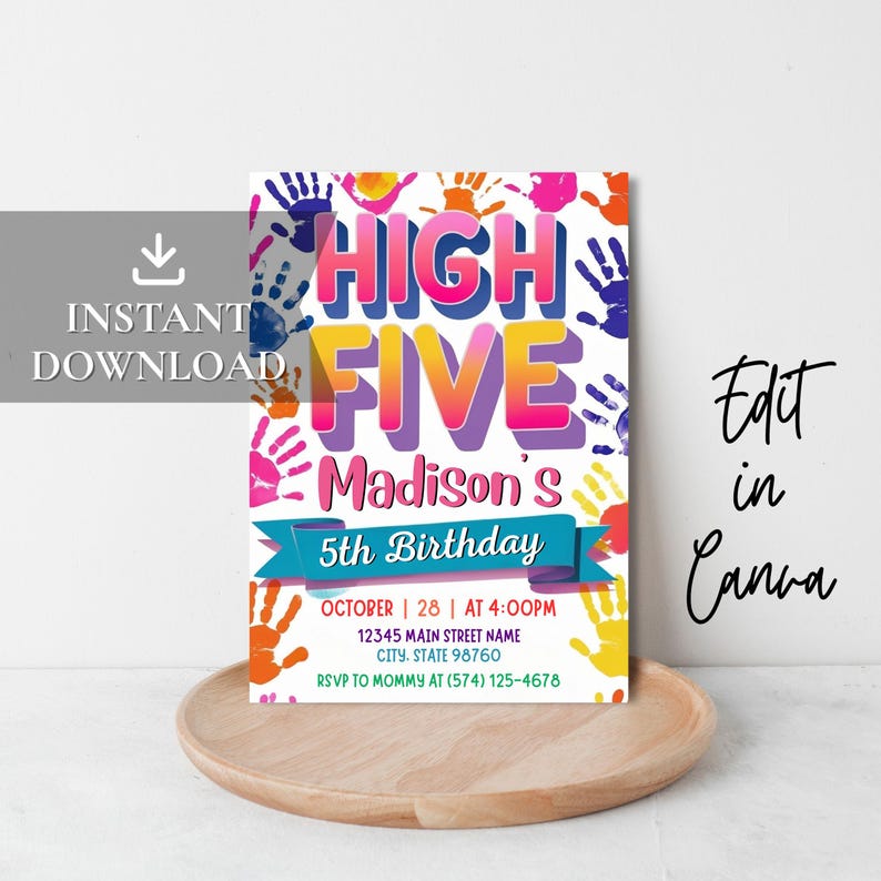 High Five 5th Birthday Invitation, Handprint Party Invite (digital) - Etsy